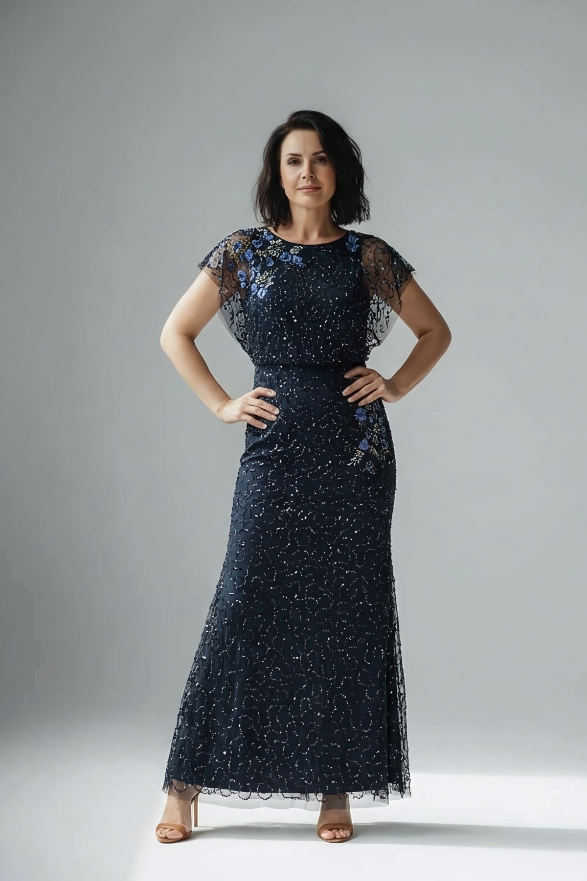 Short Sleeve Beaded Floral Gown - Midnight Multi | Adrianna Papell
