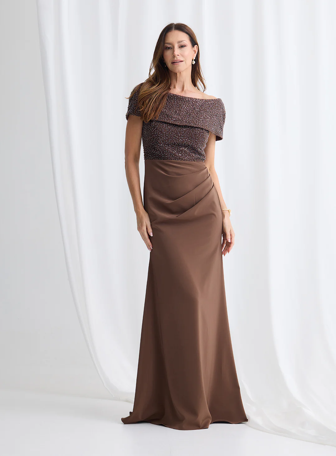 Veronica Chocolate Beaded Off Shoulder Gown | Trellis Lane