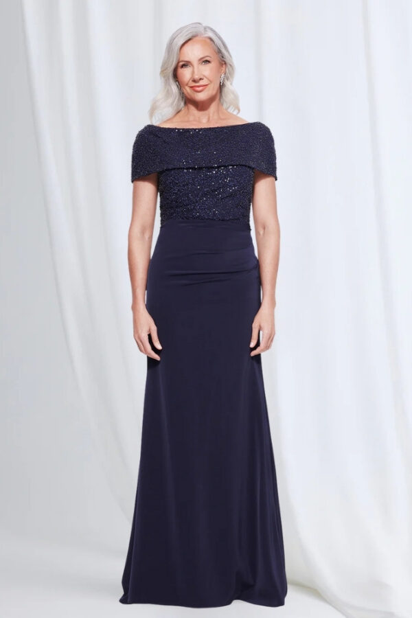 Veronica Navy Beaded Off Shoulder Gown | Trellis Lane